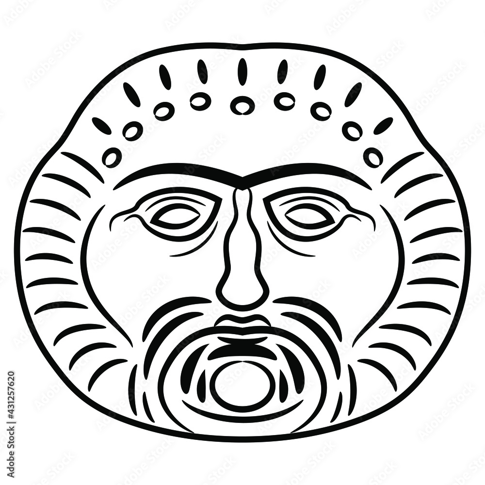 Celtic mask. Face of god Belenus. bearded male portrait. Black and ...