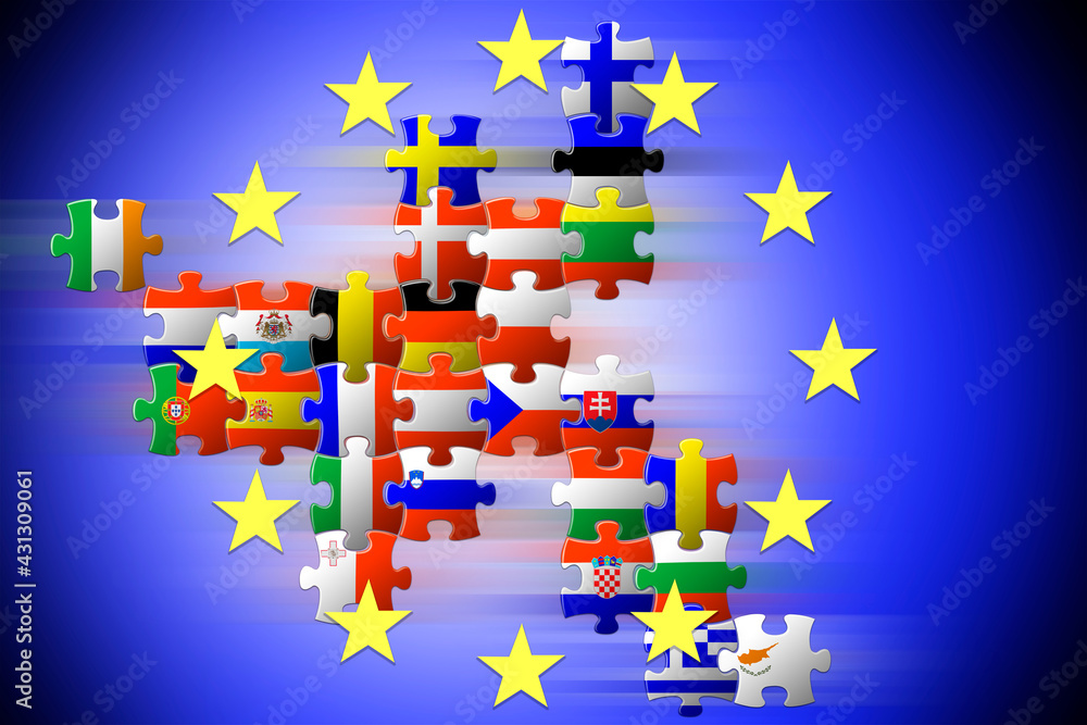 Puzzle map of the EU countries. Flags of the EU countries. Unification ...