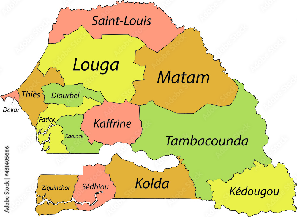Pastel vector map of the Republic of Senegal with black borders and ...