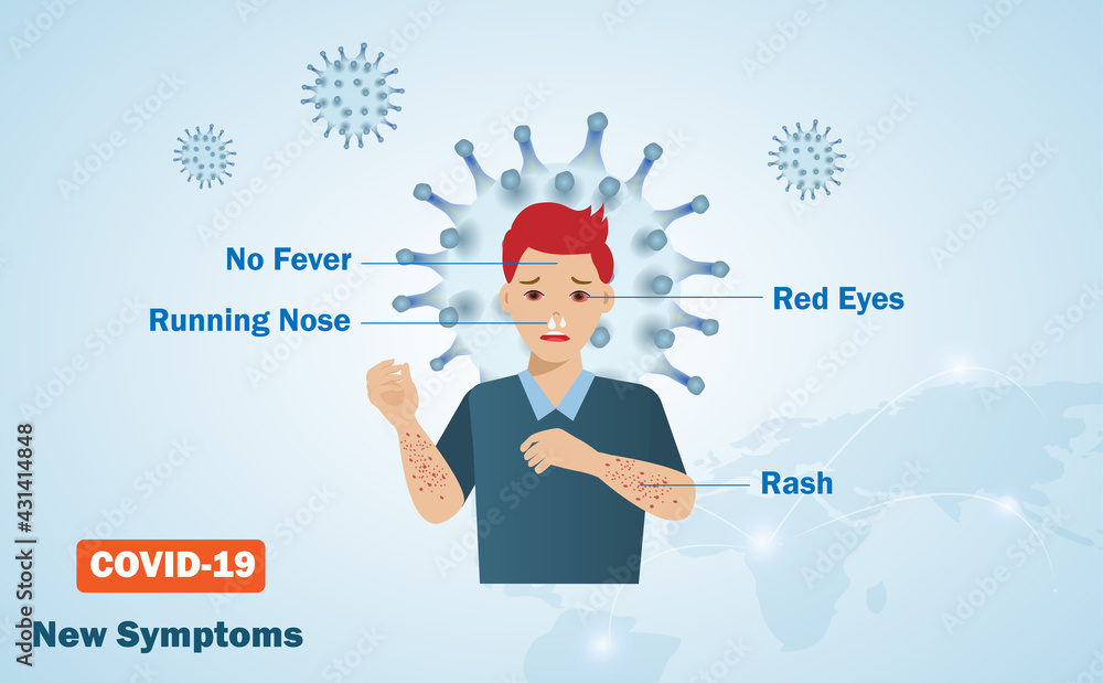 COVID-19 coronavirus new symptoms. Man suffering from running nose, red ...