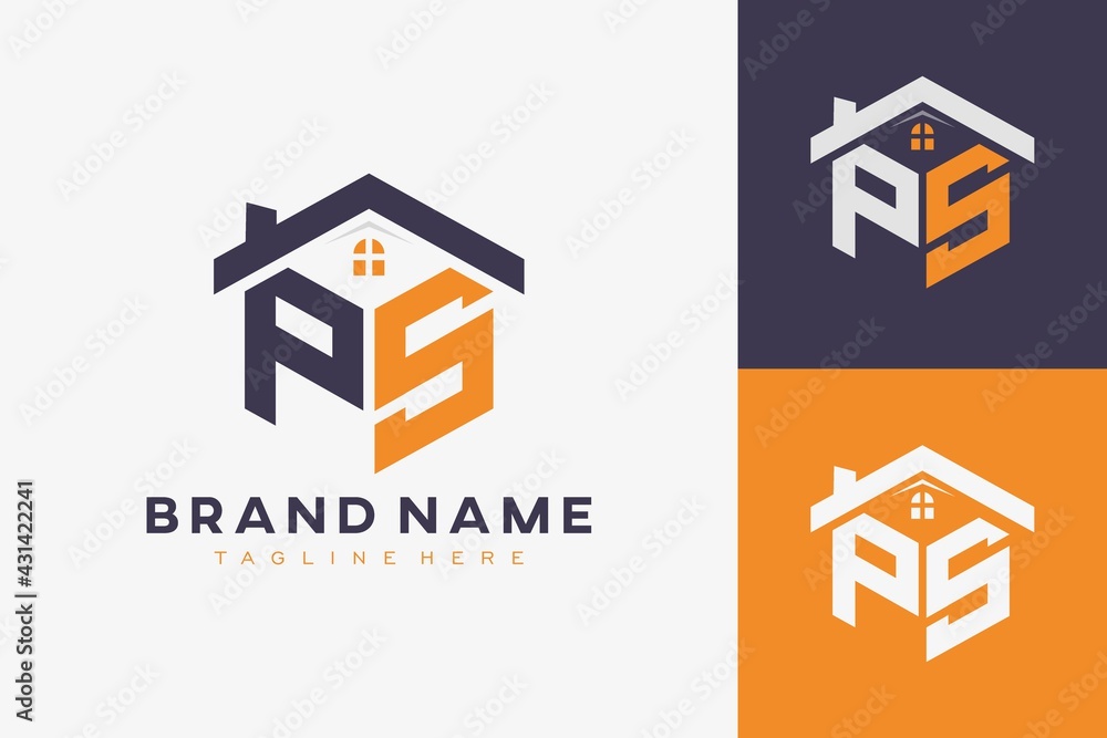 hexagon PS house monogram logo for real estate, property, construction ...