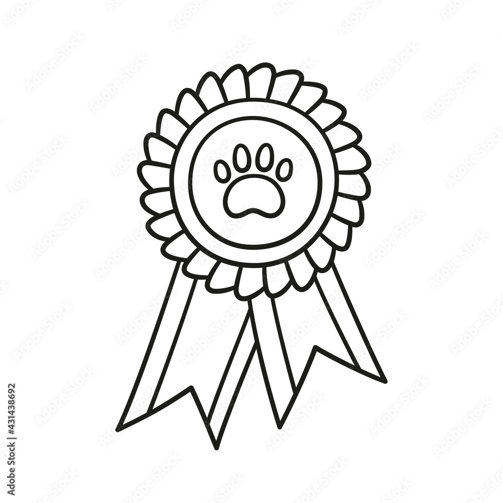 Dog award rosette doodle icon. Hand drawn medal with dog footprint as ...