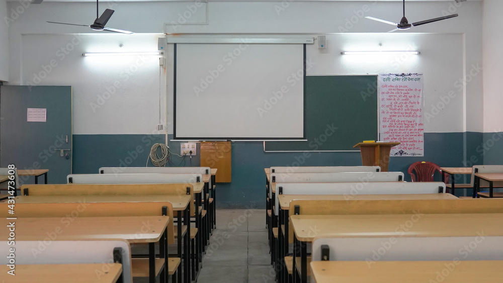 A classroom without student, the interior of row empty school in India ...
