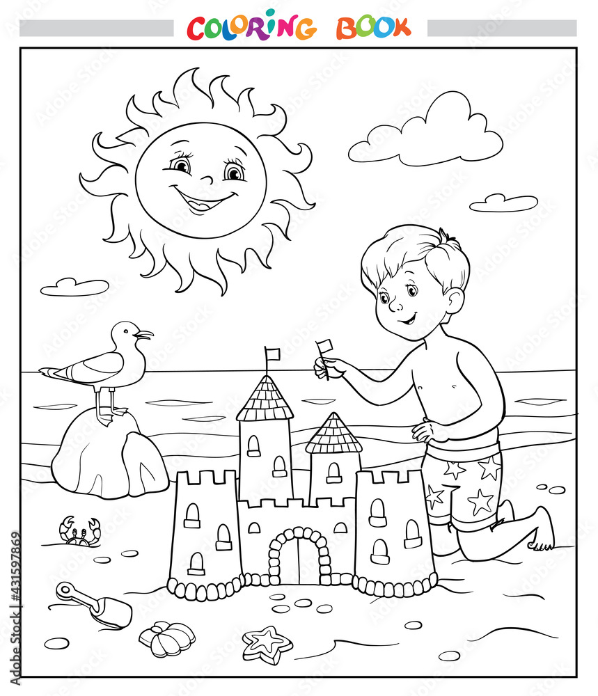 Coloring book or page. The boy is building a sandcastle on the beach ...