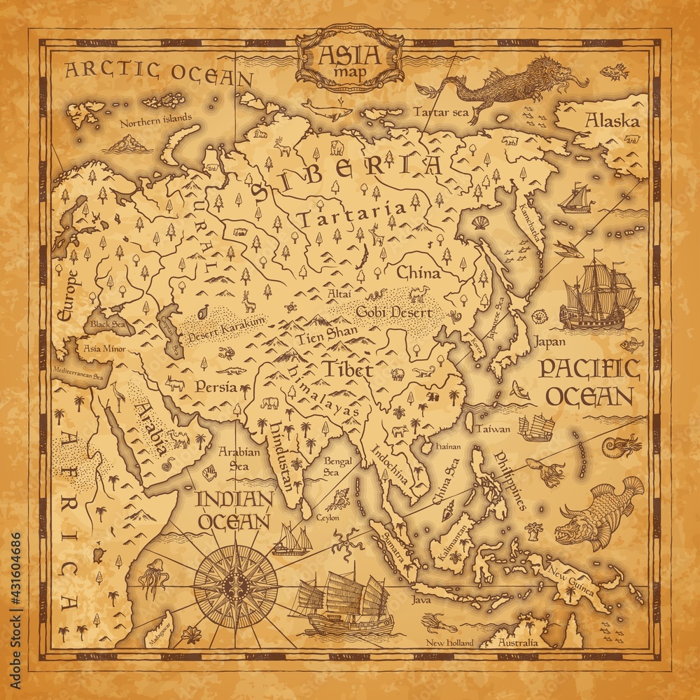 Image vectorielle Stock Vintage map of Asia, vector ancient parchment ...