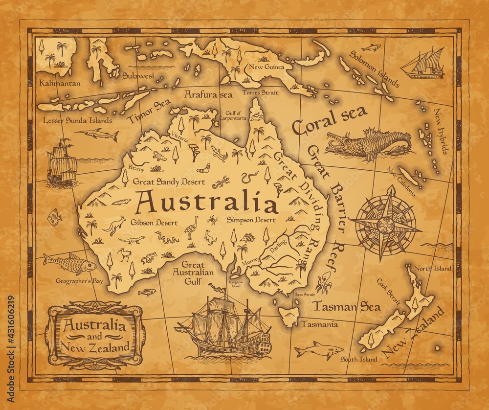 Antique map of Australia continent and New Zealand islands. Vector old ...