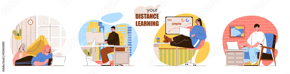 Distance learning concept scenes set. Students studying on laptops ...