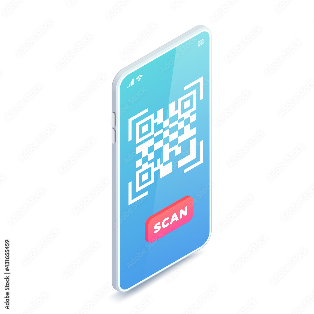 Vector de Stock Scan QR code smartphone isometric concept. 3d Mobile Scanning barcode icon, QR ...