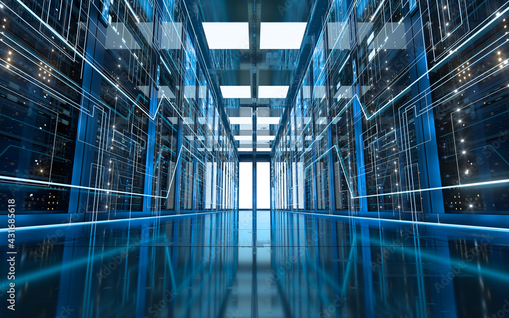 Server racks in computer network security server room data center, 3d ...