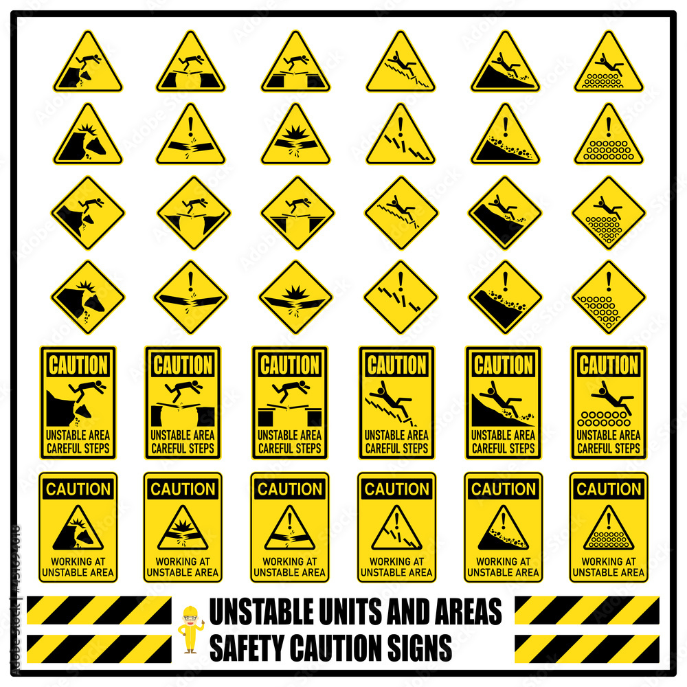 Vector de Stock Set of safety caution and warning signs of unstable ...