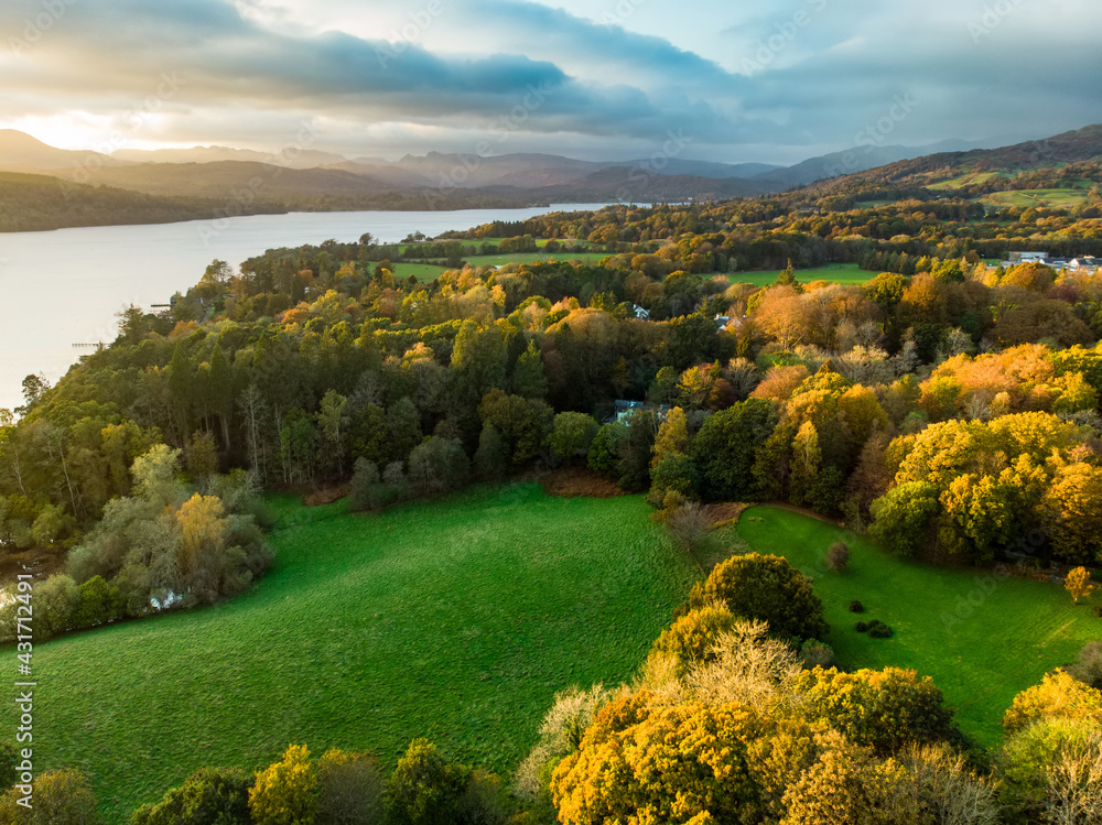 Aerial view of Windermere lake, the largest natural lake in both the ...