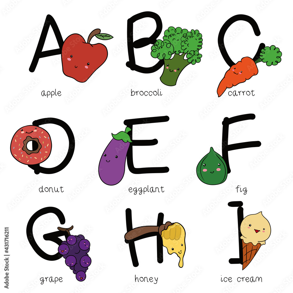 Alphabet Set with Cute Foods, from A to I, Vector Illustration Stock ...
