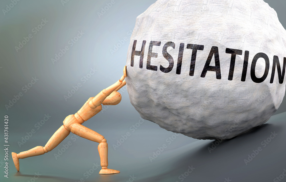 Hesitation and painful human condition, pictured as a wooden human ...