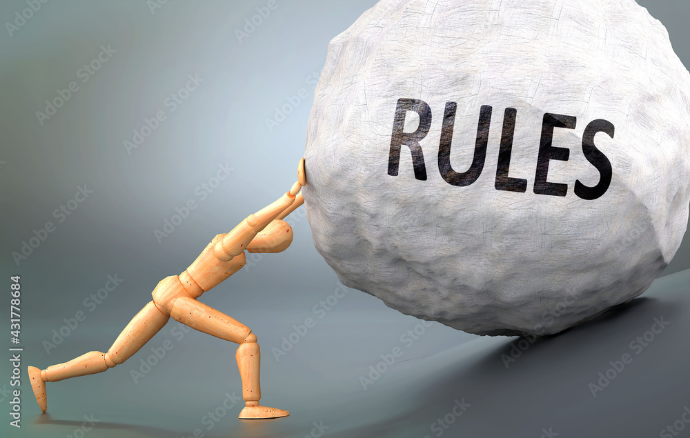 Rules and painful human condition, pictured as a wooden human figure ...
