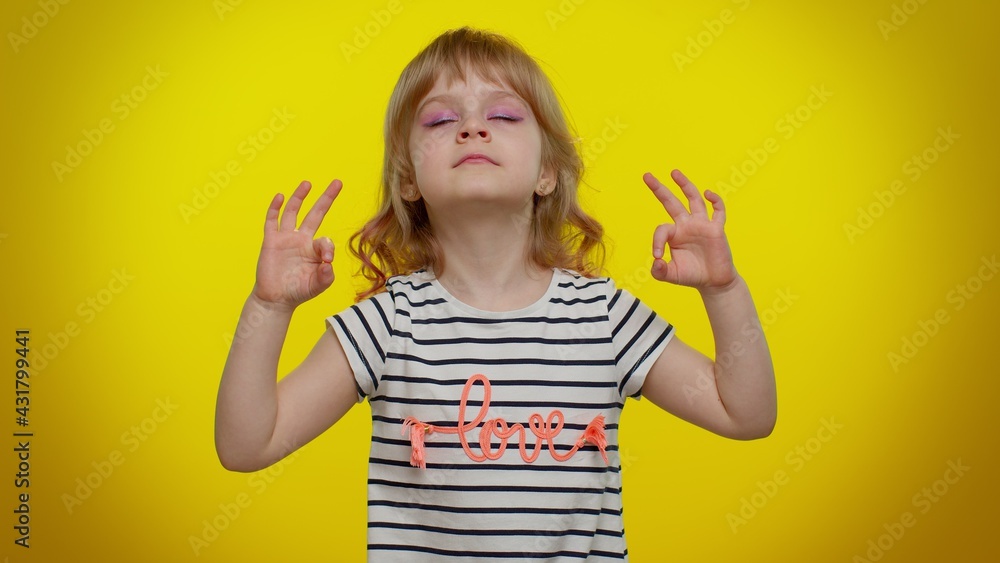 Keep calm down, relax, inner balance. Child kid girl breathes deeply ...