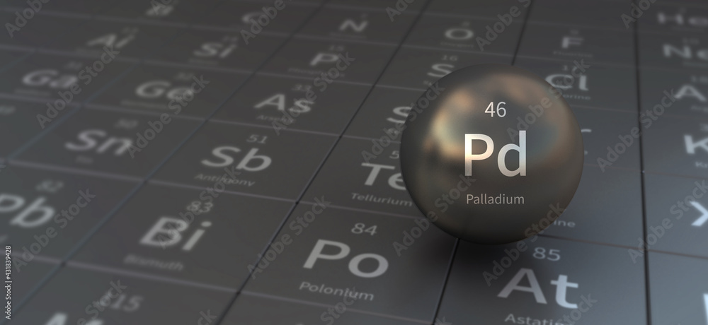palladium element in spherical form. 3d illustration on the periodic ...