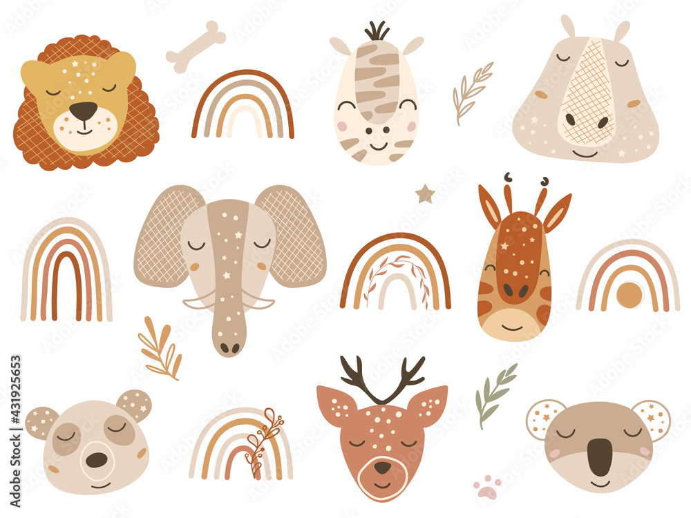 Safari clipart with baby animal faces and rainbows. Vector illustration ...