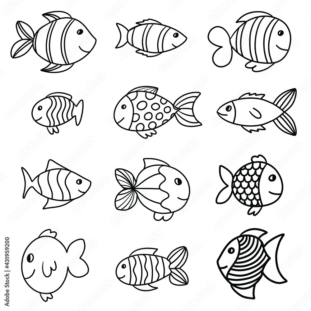 Black and White Outline of Cartoon Fish Stock Vector | Adobe Stock