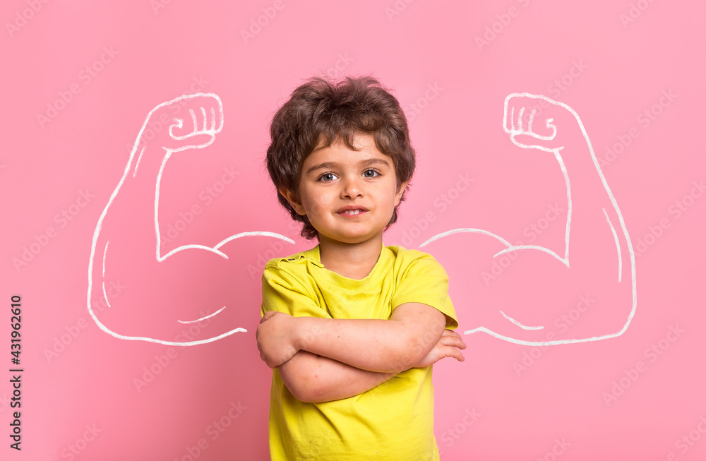 Strong little man child with bicep muscles picture. Concept for ...