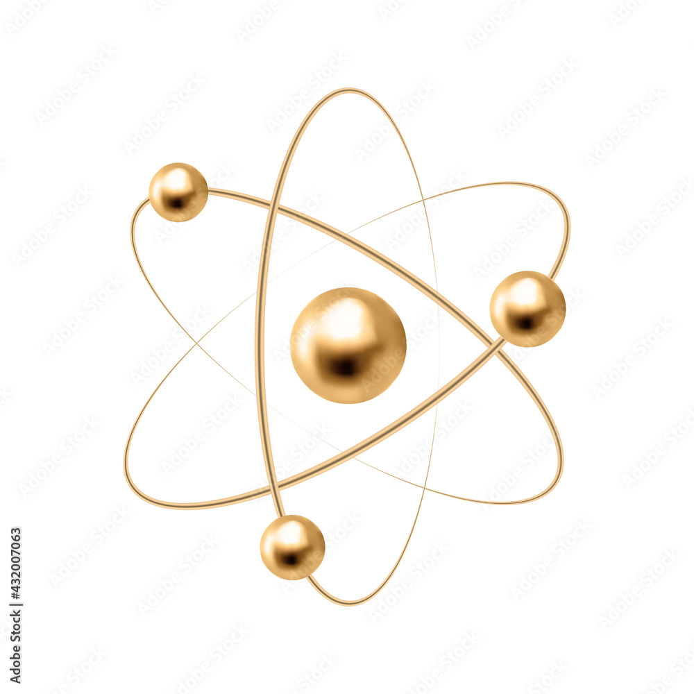 Gold atom isolated on white background. Realistic golden molecule sign ...