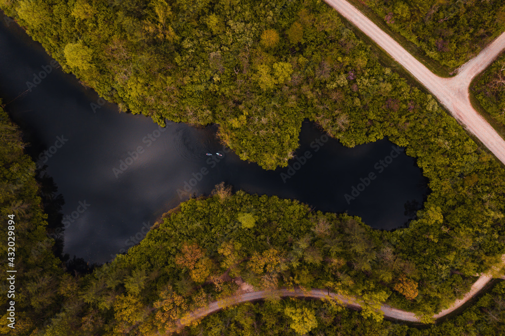 Aerial of Small Ponds Surrounded by Forest on Former Coal Strip Mine ...