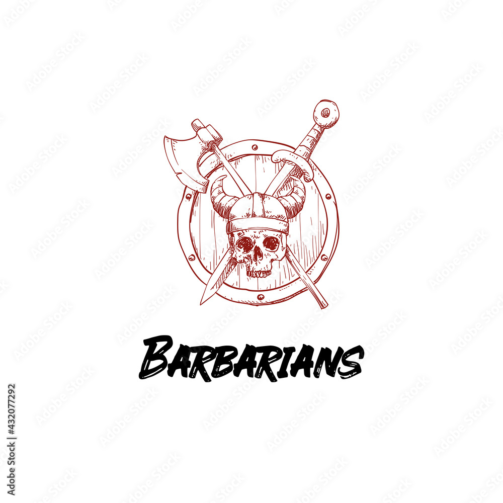 Barbarian skull with viking weapons logo and vector illustration Stock ...