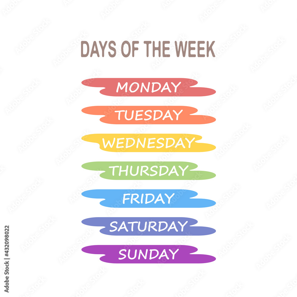 Set of names of days of week on rainbow colors background. Isolated on ...
