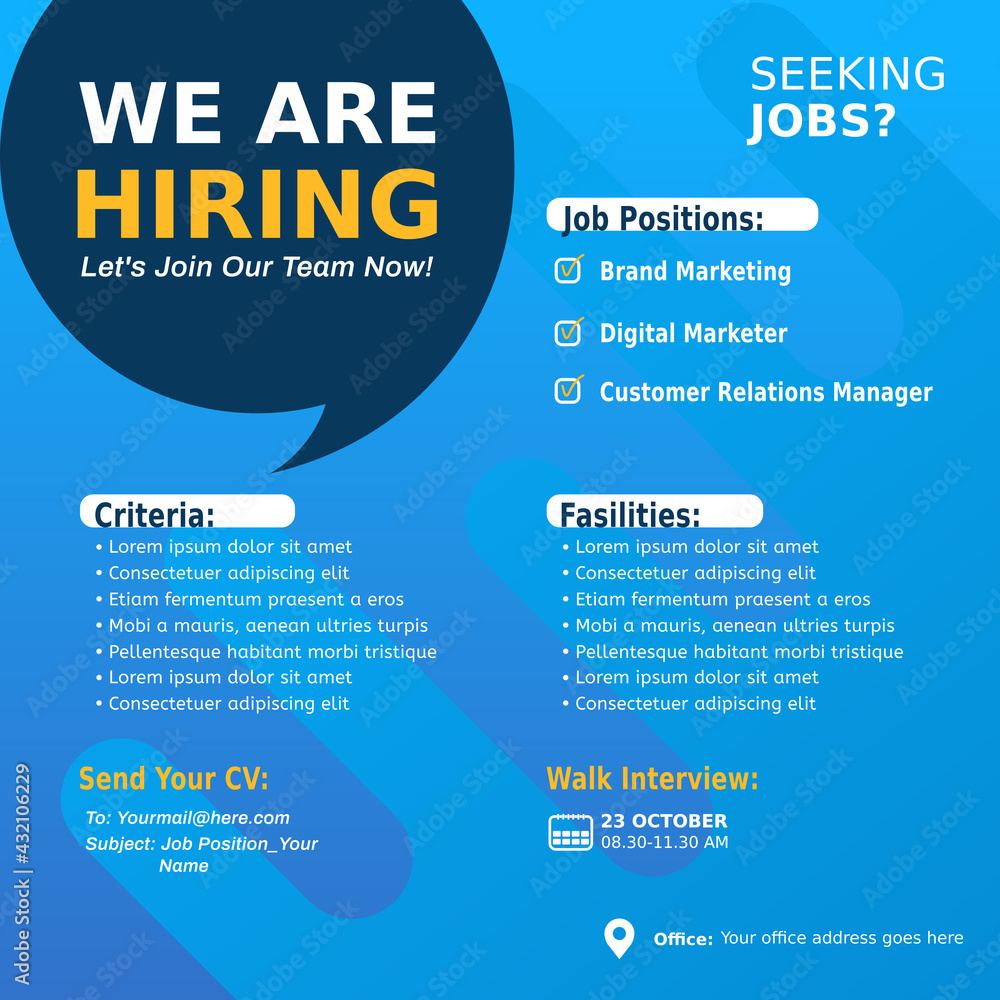 Job recruitment design for companies. Square social media post layout ...