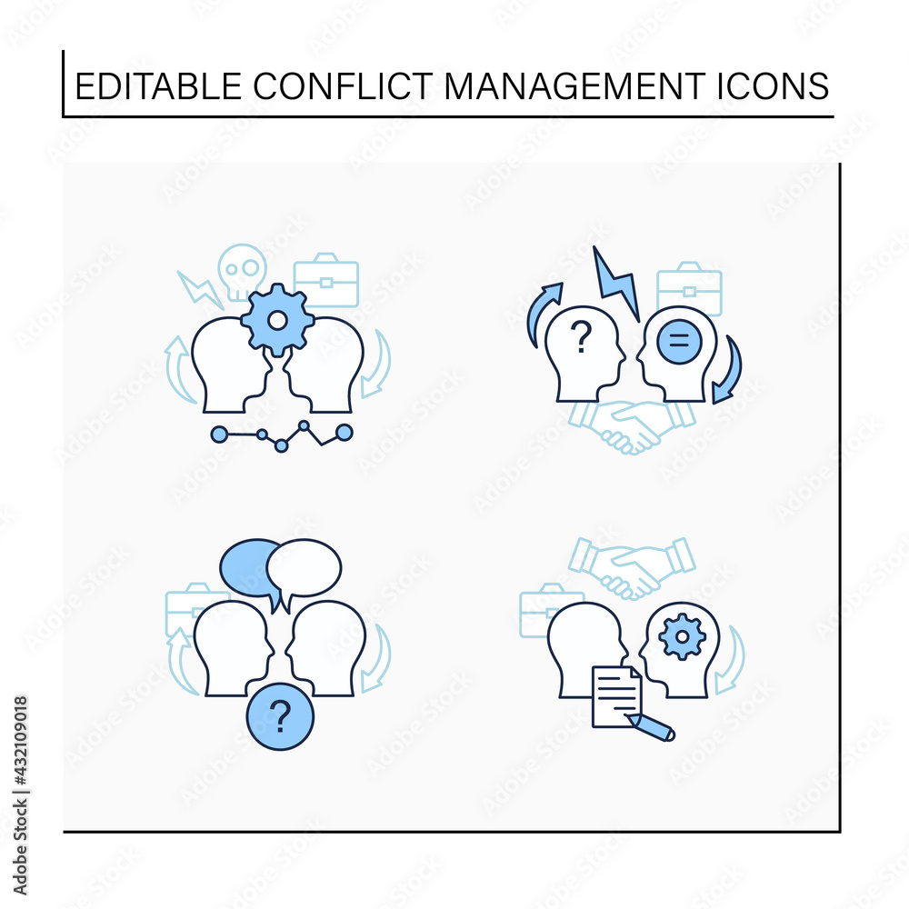 Conflict management line icons set.Conflict between two persons, open ...