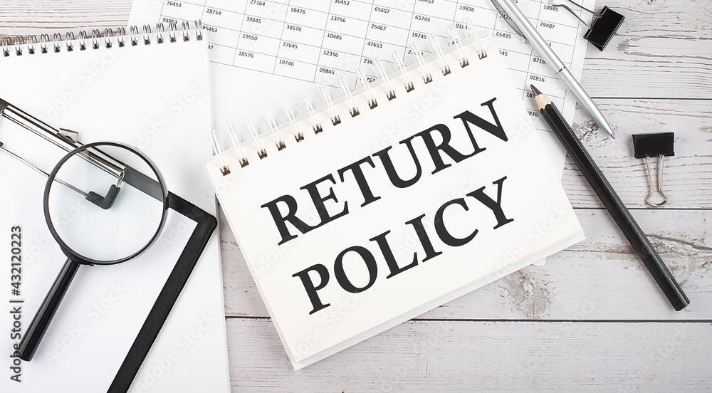 Foto de Stock Notepad with text RETURN POLICY with a pen,office tools ...