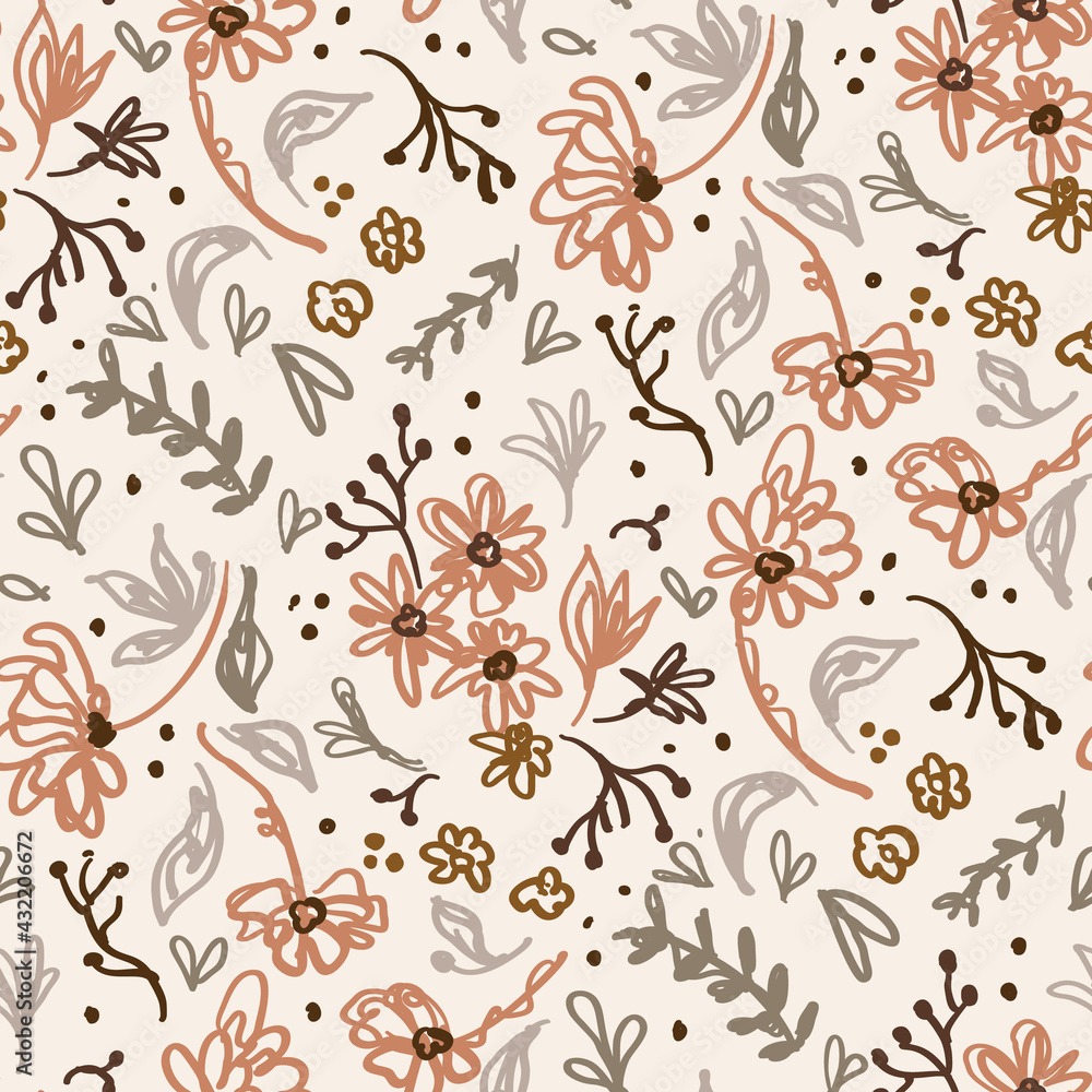 Seamless minimalist doodle floral pattern background. Calm boho earthy ...