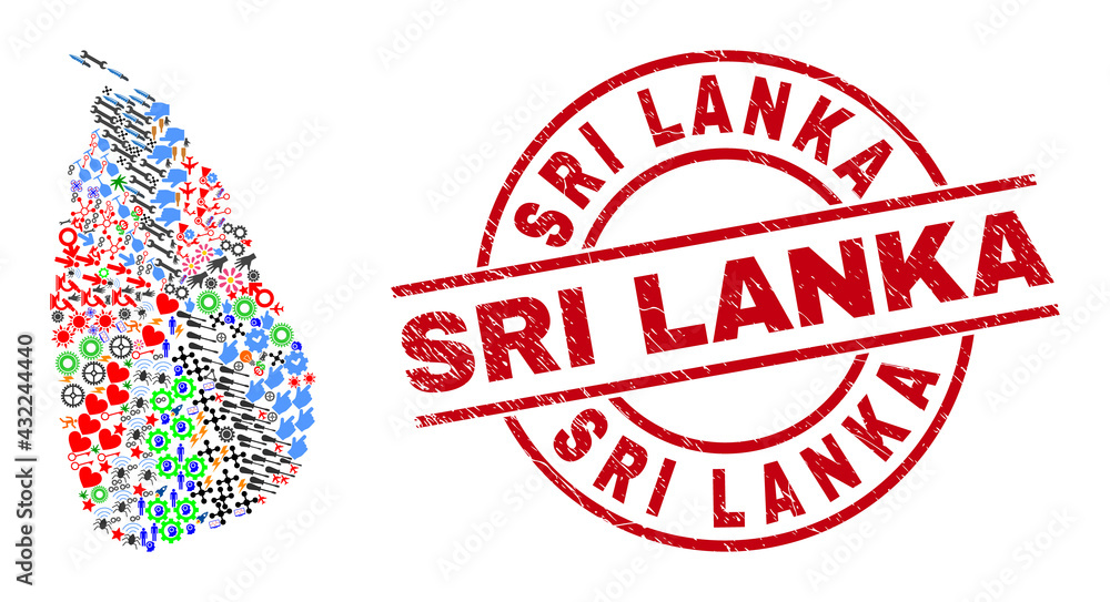 Sri Lanka map collage and unclean Sri Lanka red round stamp print. Sri ...