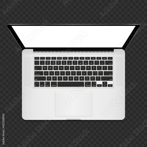 Realistic Silver Laptop Computer. Top down view, Keyboard, blank screen ...