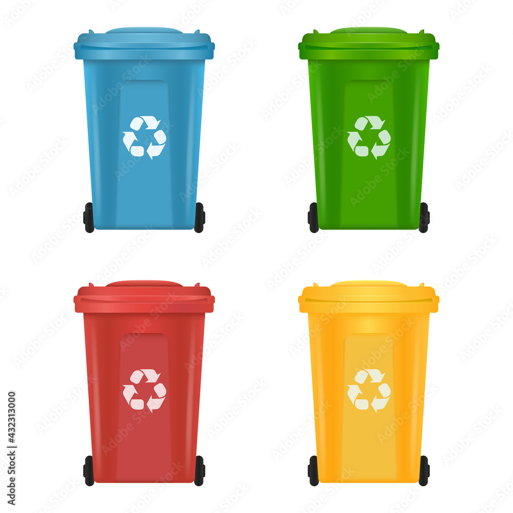Realistic set of color recycle bin icons isolated on white background ...