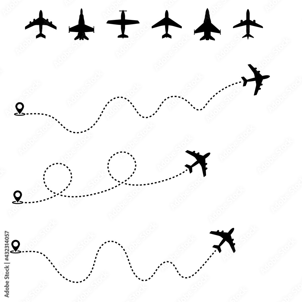 large set of aircraft and flight icons from start point and along ...