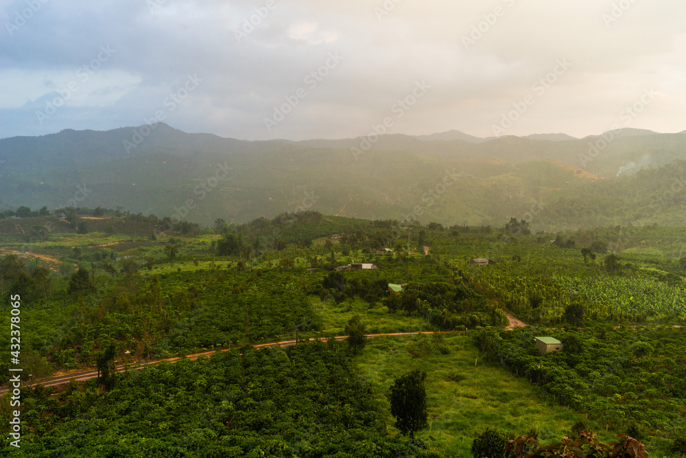 Beautiful view of local valley and mountain in misty near Bao Loc city ...