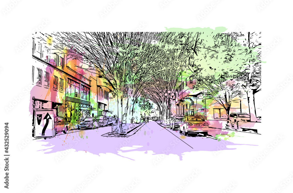 Building view with landmark of Eugene is a city in Oregon. Watercolor ...
