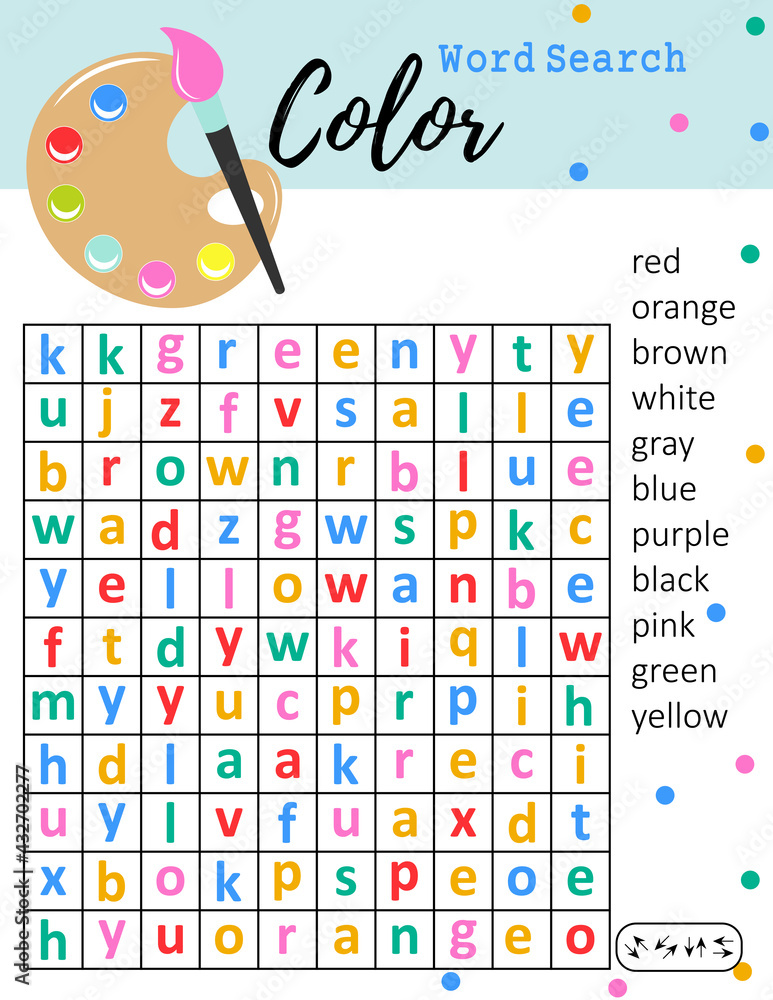 Color word search puzzle. Logic game for kids. Colorful printable ...