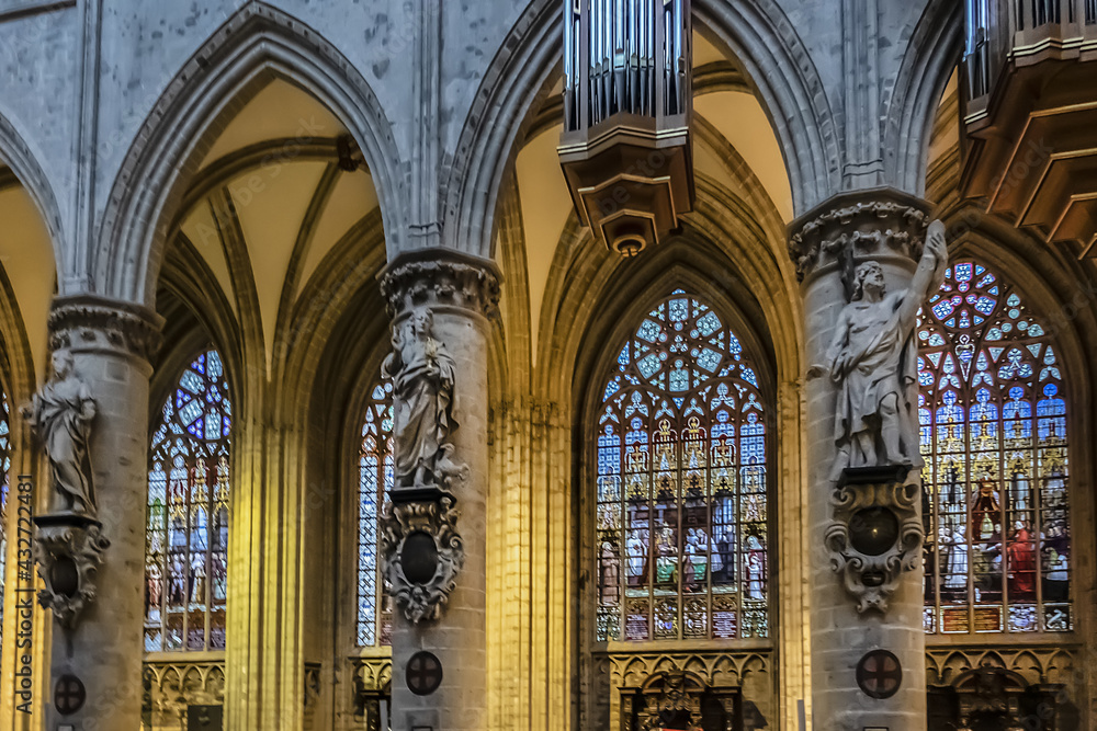 Interior of Brussels Cathedral St. Michael and St. Gudula - Roman ...