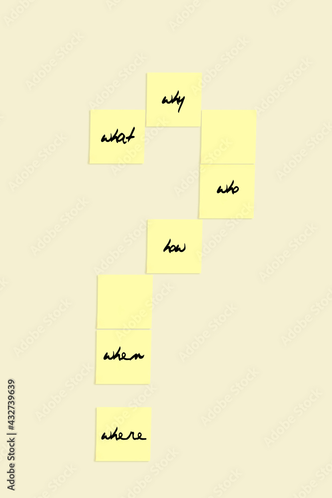 question mark made with sticky notes with messages on white background ...