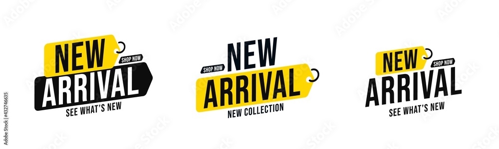 New collection arrival product insignia tag set for shop. Label badge ...