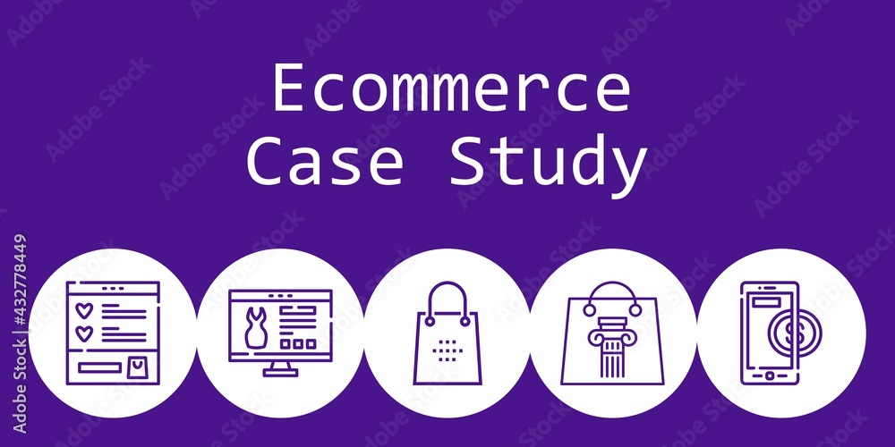 ecommerce case study background concept with ecommerce case study icons. Icons related shopping ...