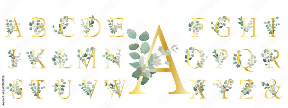 Floral Alphabet. Set letter with botanical bouquet. Wedding invitations ...