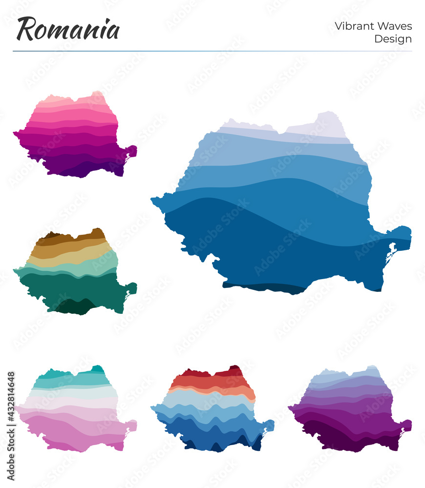 Set of vector maps of Romania. Vibrant waves design. Bright map of the ...