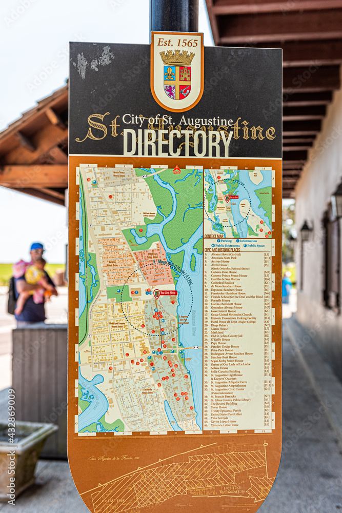 St. Augustine, USA - May 10, 2018: Direction map directory sign closeup ...