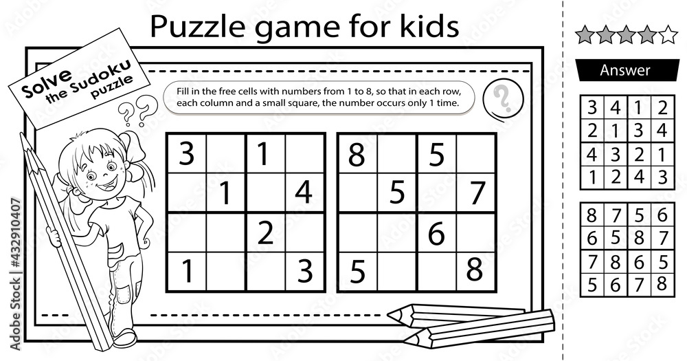 Sudoku puzzle. Logic puzzle for kids. Education game for children. Girl ...