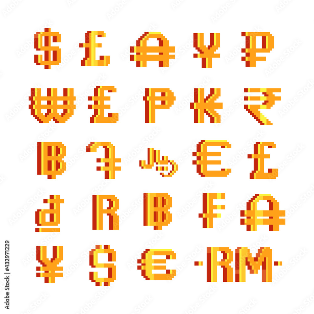 Сurrency signs of different countries. World gold money pixel art icons ...