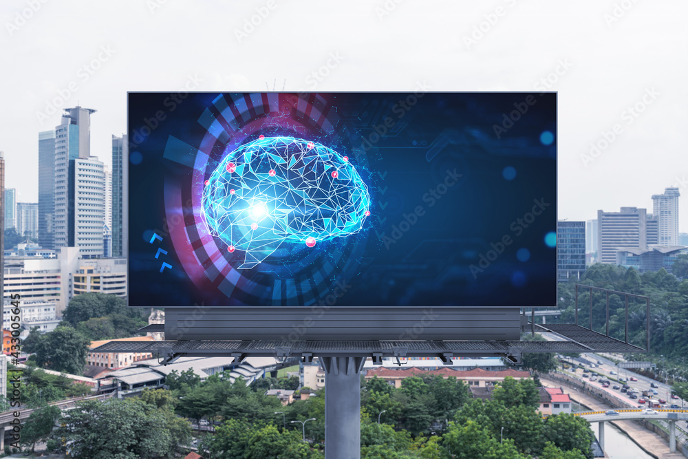 Brain hologram on billboard with Kuala Lumpur cityscape background at ...