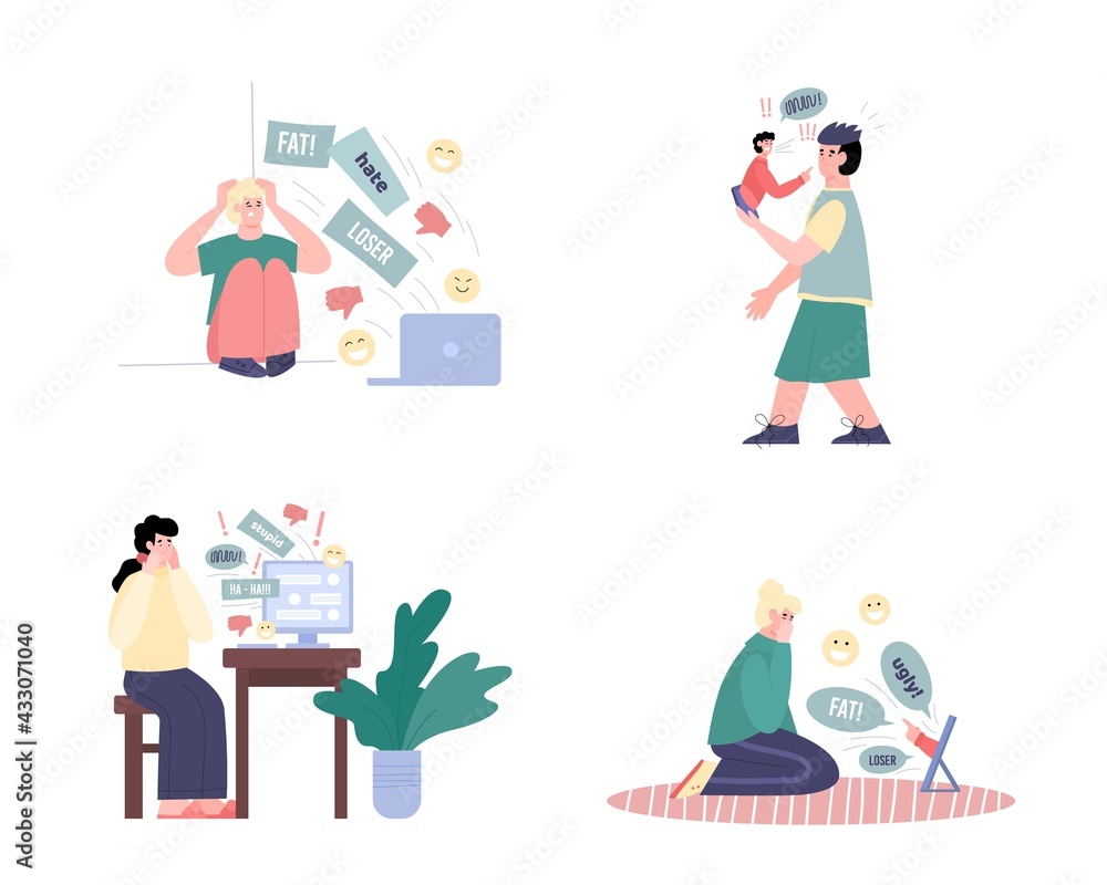Cyberbullying and harassment in network cartoon vector illustration ...