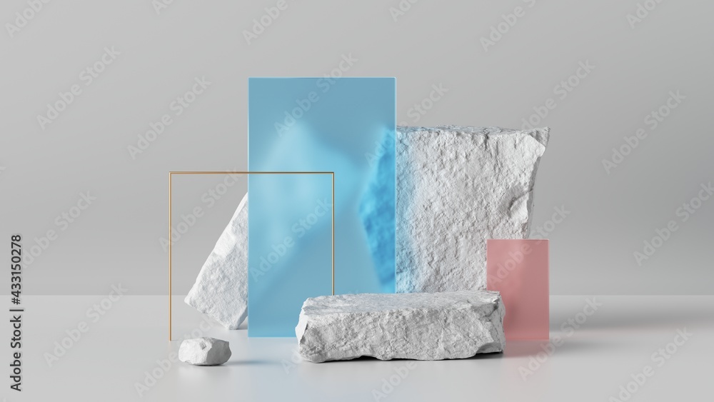 3d render, abstract background with rock blocks, ruins, cobblestones ...